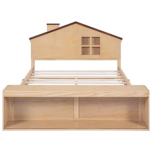 FAVSH Full Size House Platform Bed with LED Lights and Storage,Wood Kids Bed Frame w/House-Shaped Headboard and Slats Support, No Box Spring Needed,Natural