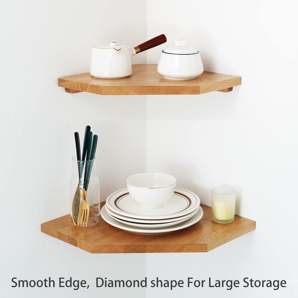 Corner Wall Shelf, Corner Floating Shelves Set of 2 Solid Oak Wood Corner Shelves Wall Mount Display Shelf with Wire Hole Small Plant Display for Kitchen Living Room Bedroom