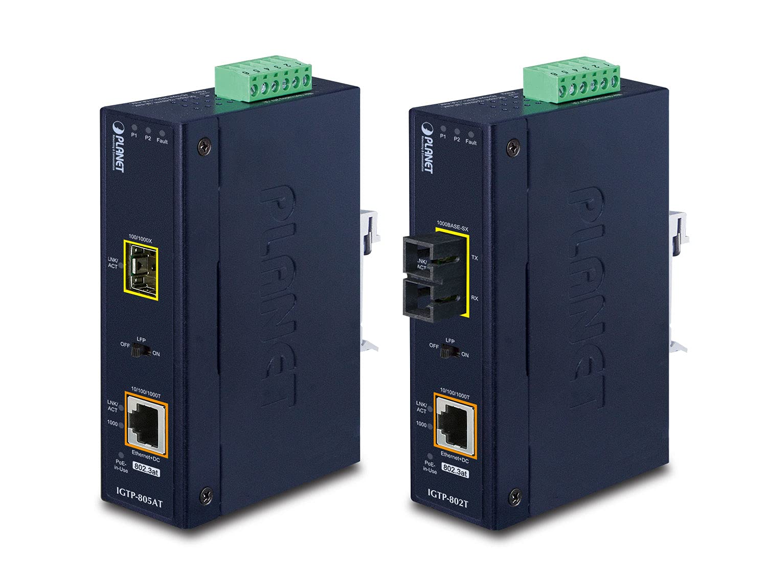 Planet IGTP-805AT IP30 Industrial 10/100/1000Base-T to 1000FX (SFP) Media Converter With 802.3at POE+ (-40 to 75C)