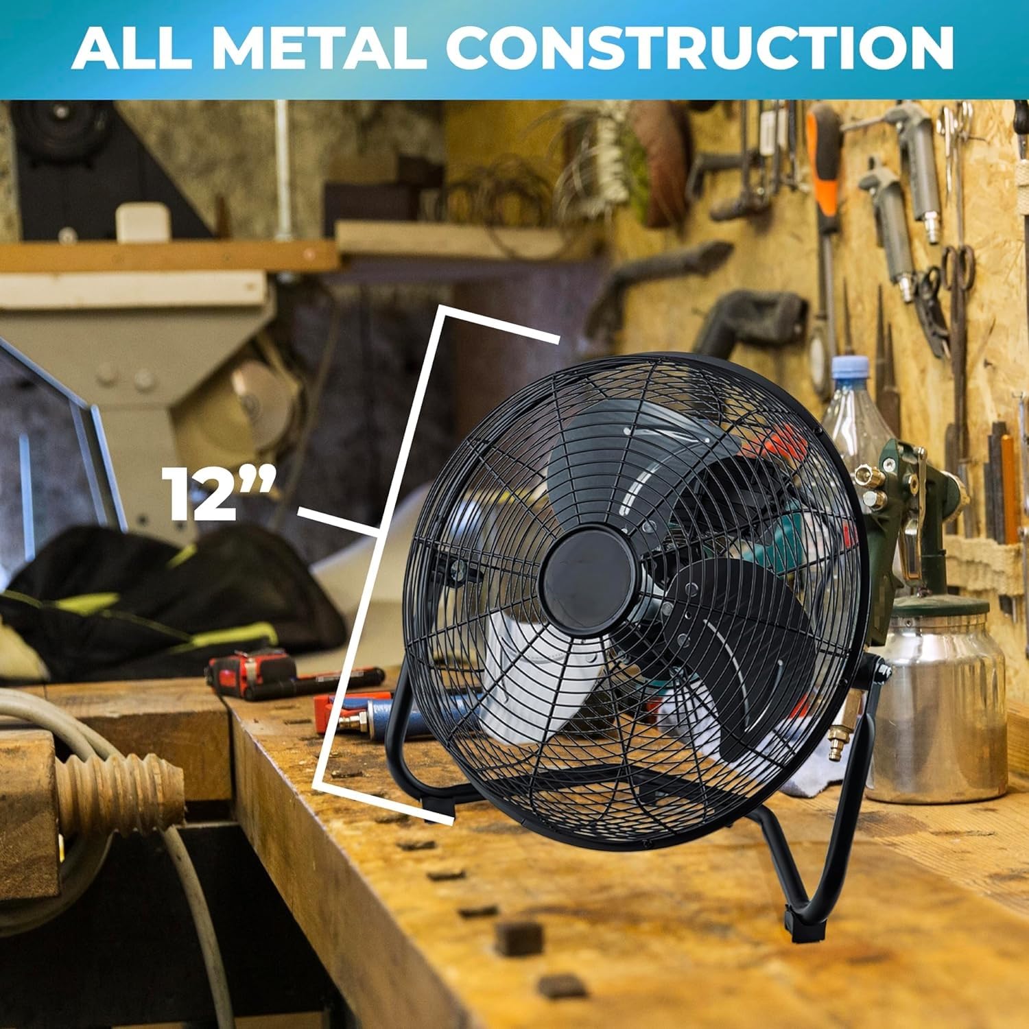EZ-CHILL 12” Cradle Floor Fan, 3 Speed, High Velocity, 180 Degree Adjustable Tilt, All-Metal, Carry Handle, Rubber Feet, Airflow 15.42 ft/sec, Ideal for Home, Bedroom & Office, MTFDB-12