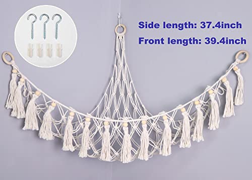 Stuffed Animal Hammock Macrame - Toy Hammock for Stuffed Animals - Stuff Animal Organizer Corner Storage Hanging Fringe - Stuffed Animal Display Holder Net Tassels for Nursery Décor, White (TH-003)
