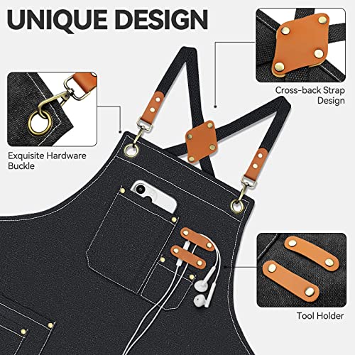 NLUS Chef Apron for Men Women, Water-Resistant Heavy Duty Cotton Canvas Apron Cross Back Apron with Adjustable Straps and Large Pockets, Size M to XXL (BLACK)