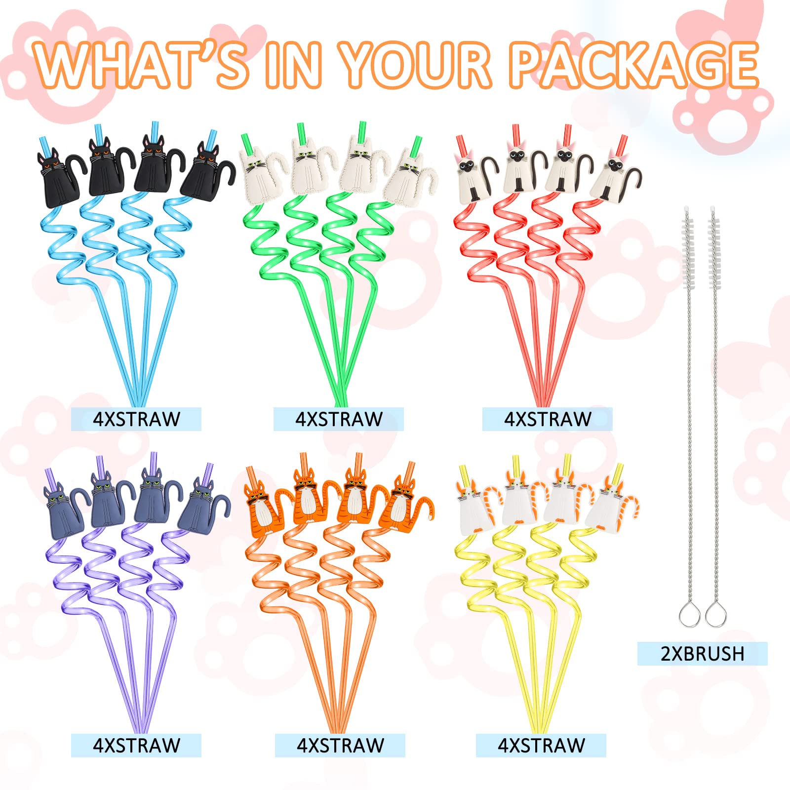 Cat Party Supplies, 24Pcs Cat Straws and 2Pcs Cleaning Brushes, Reusable Plastic Cat Straws, Cat Party Supplies Favors,Birthday Party Decorations