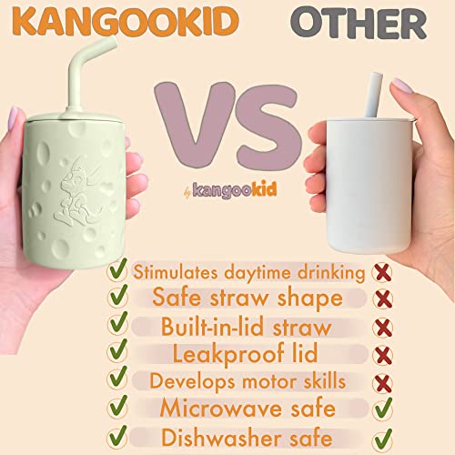 kangookid 6.5 Oz Silicone Baby Cup with Straw | Toddler Smoothie Cup Spill Proof | Baby Training Cup for 6+ Mo to 12-18 Months | Silicone Sippy Cup with Straw for Baby 6 Months (Cheese-Sage)
