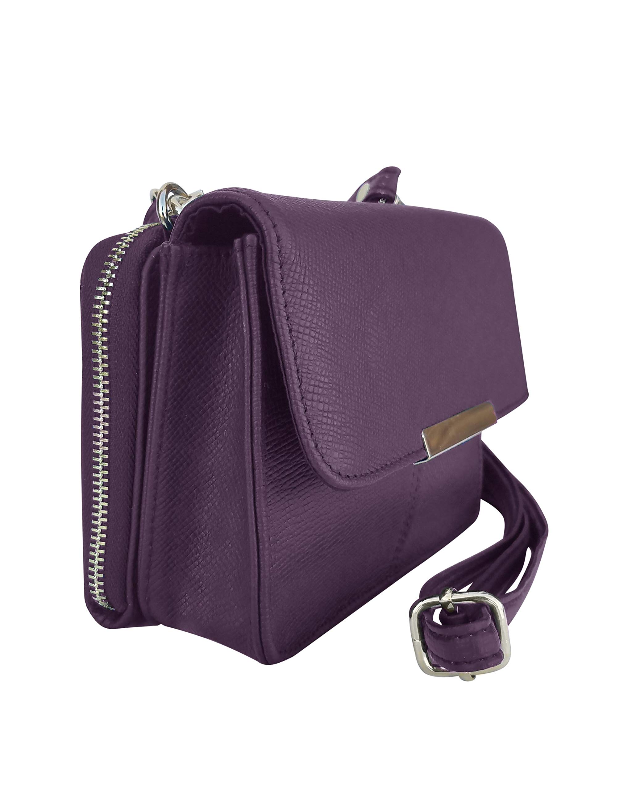 Roma Leathers Mini Leather Cross Body Purse - Premium Purple Embossed Cowhide Leather - Backside Detachable Wallet - Adjustable and Removable Shoulder Strap - Designed in USA