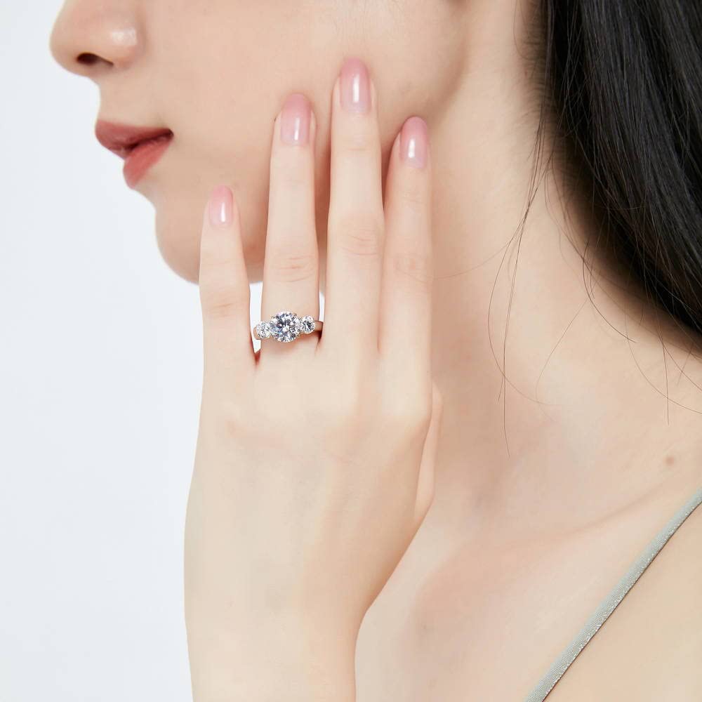 BERRICLE Sterling Silver 3-Stone Wedding Engagement Rings Round Cubic Zirconia CZ Ring for Women, Rhodium Plated Size 4