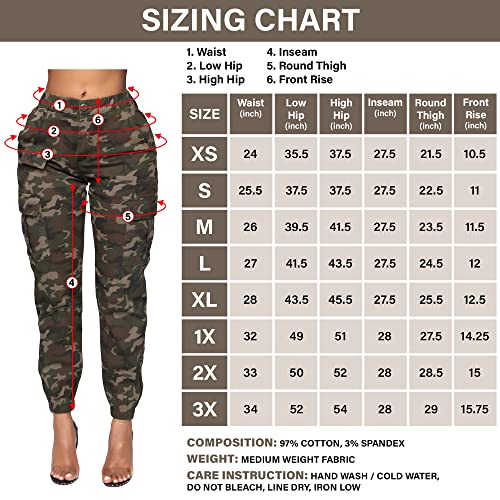 Double Denim Women's High Waist Jogger Pants - Casual Cargo Elastic Waistband Sweatpants Tapered Fatigue with 6 Pockets SCP-2049 Camo XL