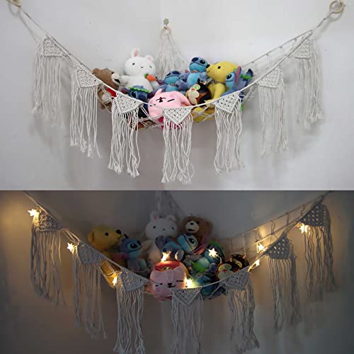 Stuffed Animal Net or Hammock with LED Light - Stuffed Animal Storage Toy Hammock for Wall - Hanging Corner Net with Boho Macrame Tassels, Plush Toy Net Hammock for Kids Bedroom Decor (41*41*57)