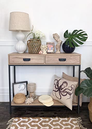 roomfitters Oak Wood Console Table with 2 Drawers, Hallway Foyer Table with Storage Shelves, Narrow Long Sofa Table, Side Table for Living Room, Hallway, Black Metal Frame, Rustic Brown