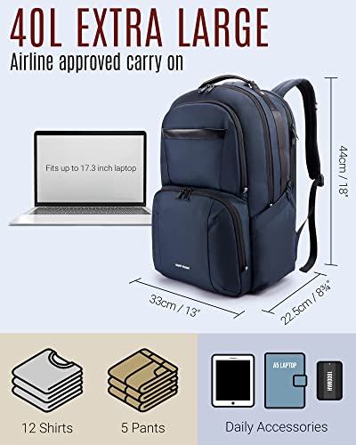 LIGHT FLIGHT Laptop Backpack for Men, Travel Backpack for Men Women bag with Charging Port Fits 17.3 Inch Computer, 40L Back Pack for Business Work College, Dark Blue