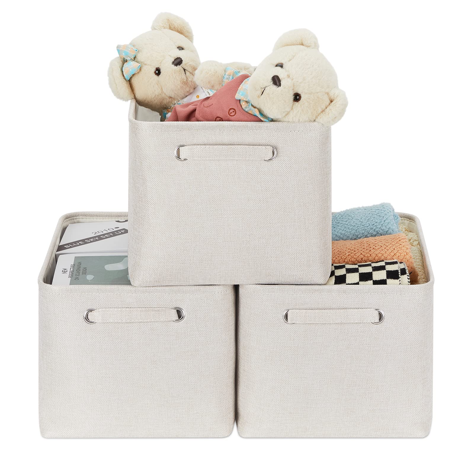 Bliecamile Fabric Storage Baskets for Organizing Closet, Beige Storage Baskets for Shelves, Large Closet Baskets for Nursery, Home, Large Canvas Storage Bin with Cloth Handles(Medium-3PCS, Beige)