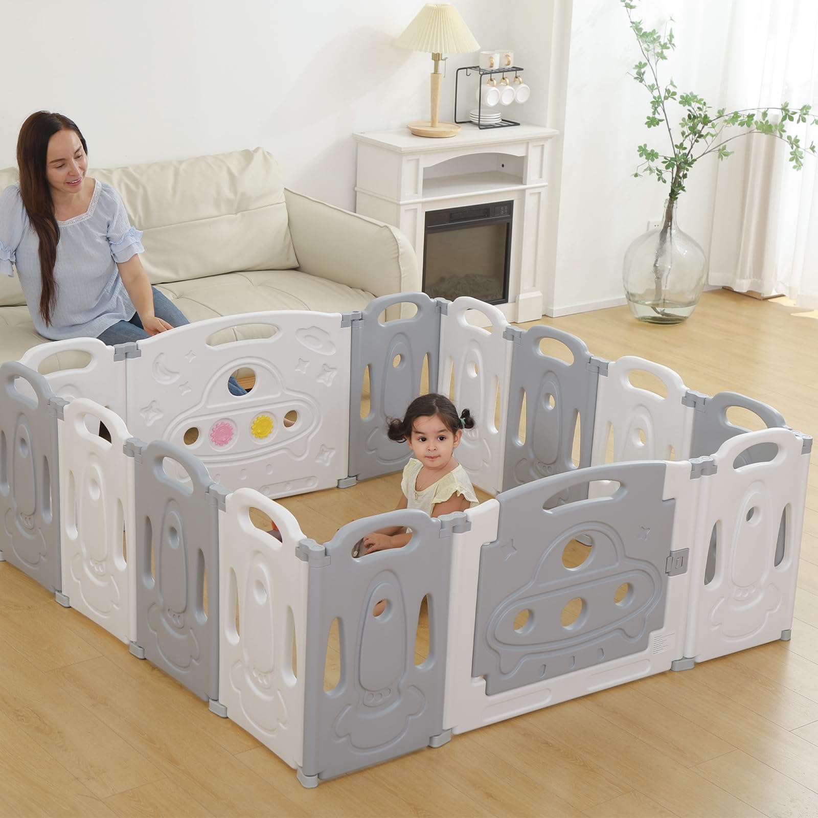Baby Playpen Kids Activity Centre Safety Play Yard Home Indoor Outdoor New Pen (Multicolour) (Grey White)