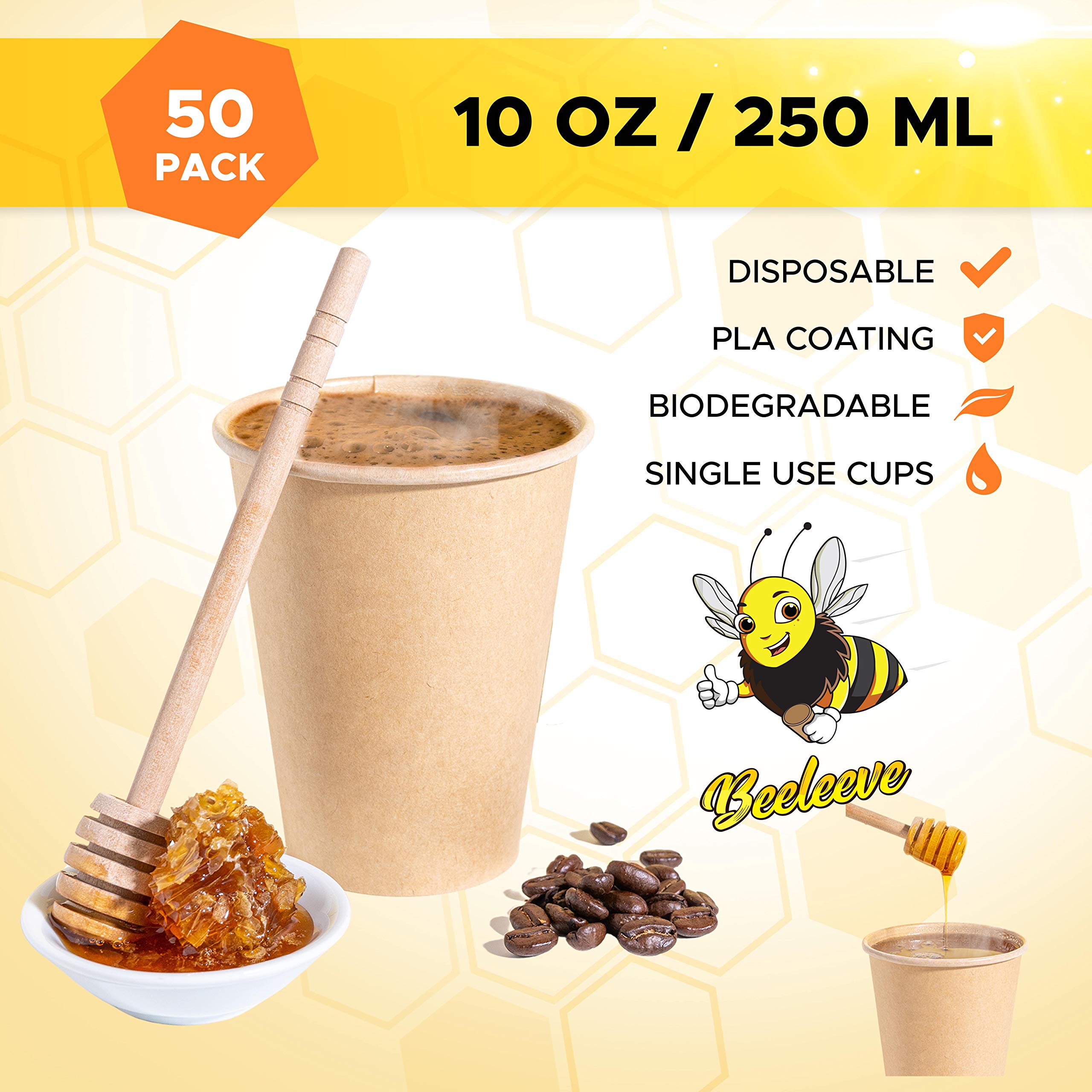 Beeleeve [50-Pack Super Strong 100% Compostable Coffee and Tea Cups - Eco - Biodegradable - Disposable Rigid Containers for Office, Party & Wedding - Brown Kraft Paper, PLA Coating (250ml / 10oz)