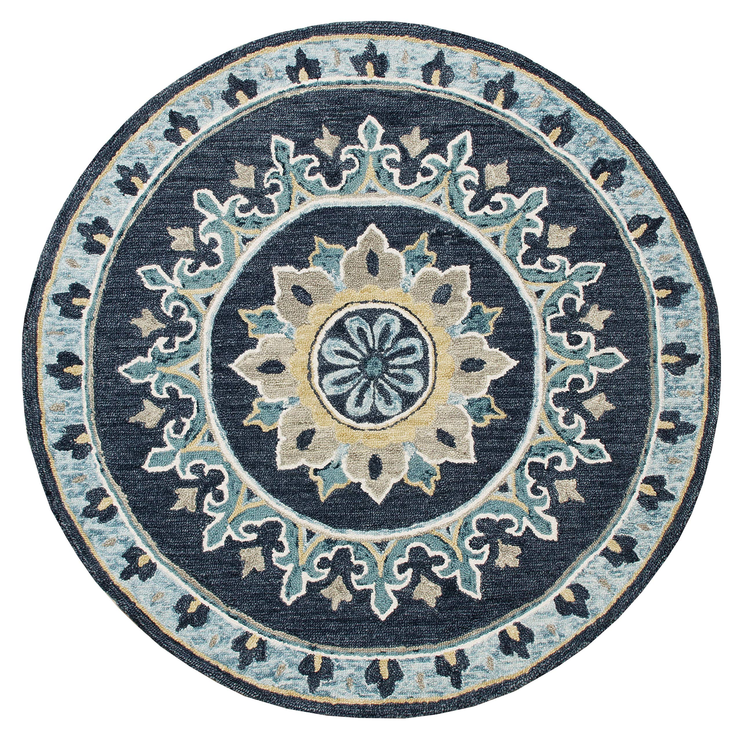 LR Home 7ft Round Indoor Large Area Rug for Home Decor | Bohemian Rugs for Living Room, Bedroom, Kitchen, Playing Room, Entryway, Office | Boho Farmhouse Carpet | Navy/Multicolor