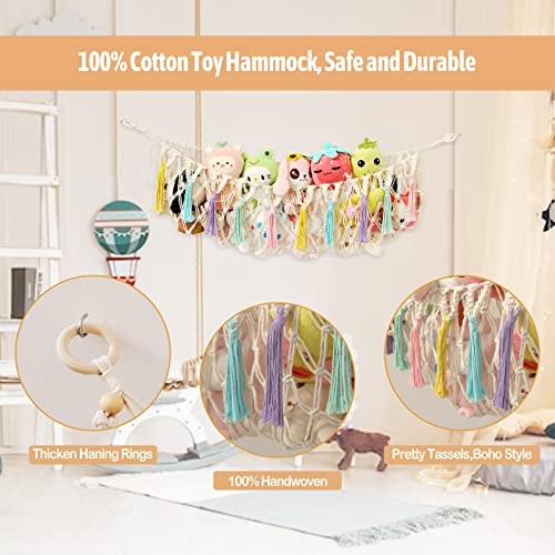Stuffed Animal Net or Hammock, Macrame Plush Toy Holder, Large Handmade Wall Hanging Stuffed Animal Storage Mesh, Boho Doll Organizer Hammock for Kid's Room, Nursery, Bedroom, Playroom