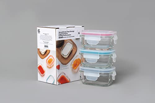 GENICOOK Borosilicate Glass Small Baby-Size Meal and Food Storage Containers, Rectangular Shape - 6 pc Set (3 Containers - 3 Matching Lids)