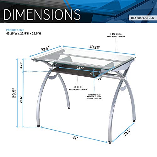 Techni Mobili Modern Work Desk-43.25β Wide Tray-Perfect Clear Contempo Glass Top Computer Desk with Pull Out Keyboard Panel, 43.25" W