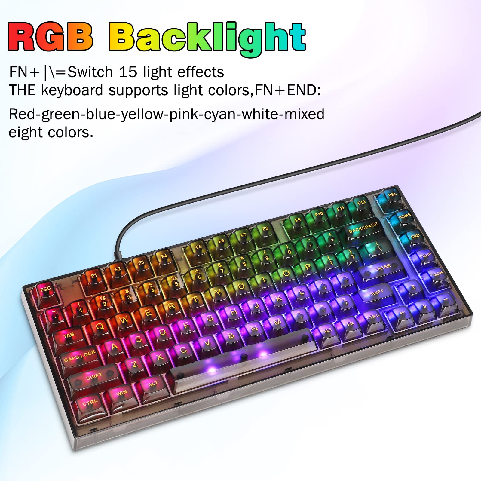 CHICHEN Mechanical Gaming Keyboard,Cool RGB Backlit Compact 82 Clear Keycaps,Hot Swappable 80% Keyboard with Ice Switch,Wired Transparent Keyboard for Windows/Mac (Transparent Black)