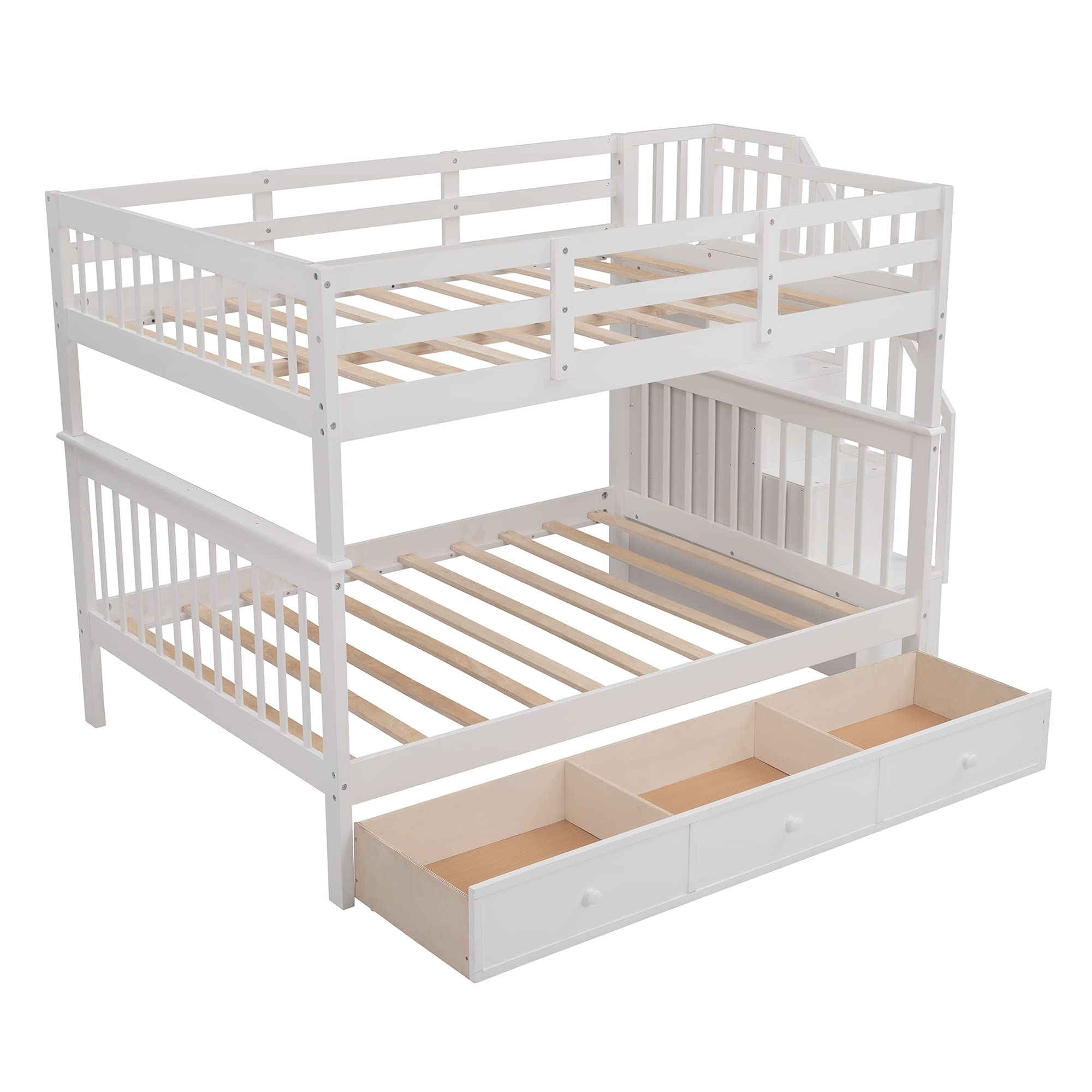 Harper & Bright Designs Full Over Full Bunk Beds with Storage Drawers and Stairs Wood Bunk Bed Frame for Kids Boys Girls Teens, White