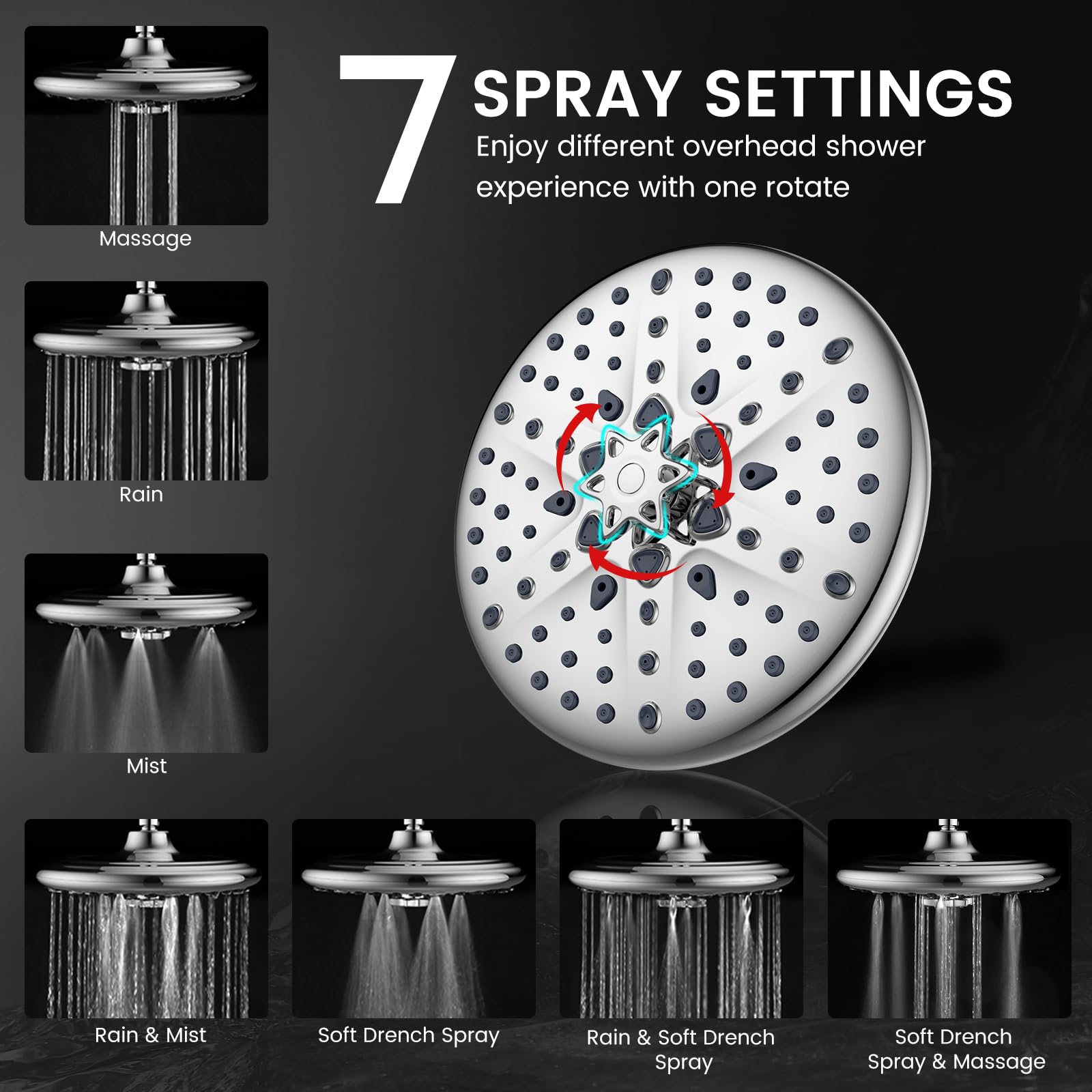 FEELSO Shower Heads with Handheld Spray Combo with ON/OFF Pause Switch, 10" High Pressure Rain 7 Settings Showerhead with 11" Adjustable Extension Arm, 9 Functions Anti-clog Handle Set with Power Wash