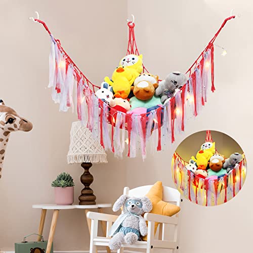 Stuffed Animal Net or Hammock with Star Light, Toy Hammock for Stuffed Animals, Corner Hanging Toy Organizer with Tassels, Plush Toy Storage Holder Nets for Kids Bedroom Playroom Nursery Decor (Pink)