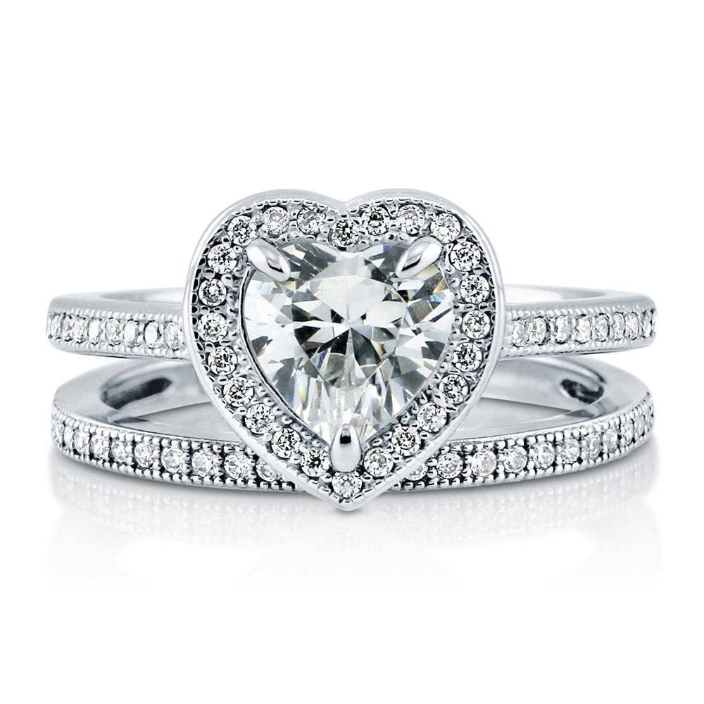 BERRICLE Sterling Silver Halo Wedding Engagement Rings Cubic Zirconia CZ Heart Ring Set for Women, Rhodium Plated Size 6.5