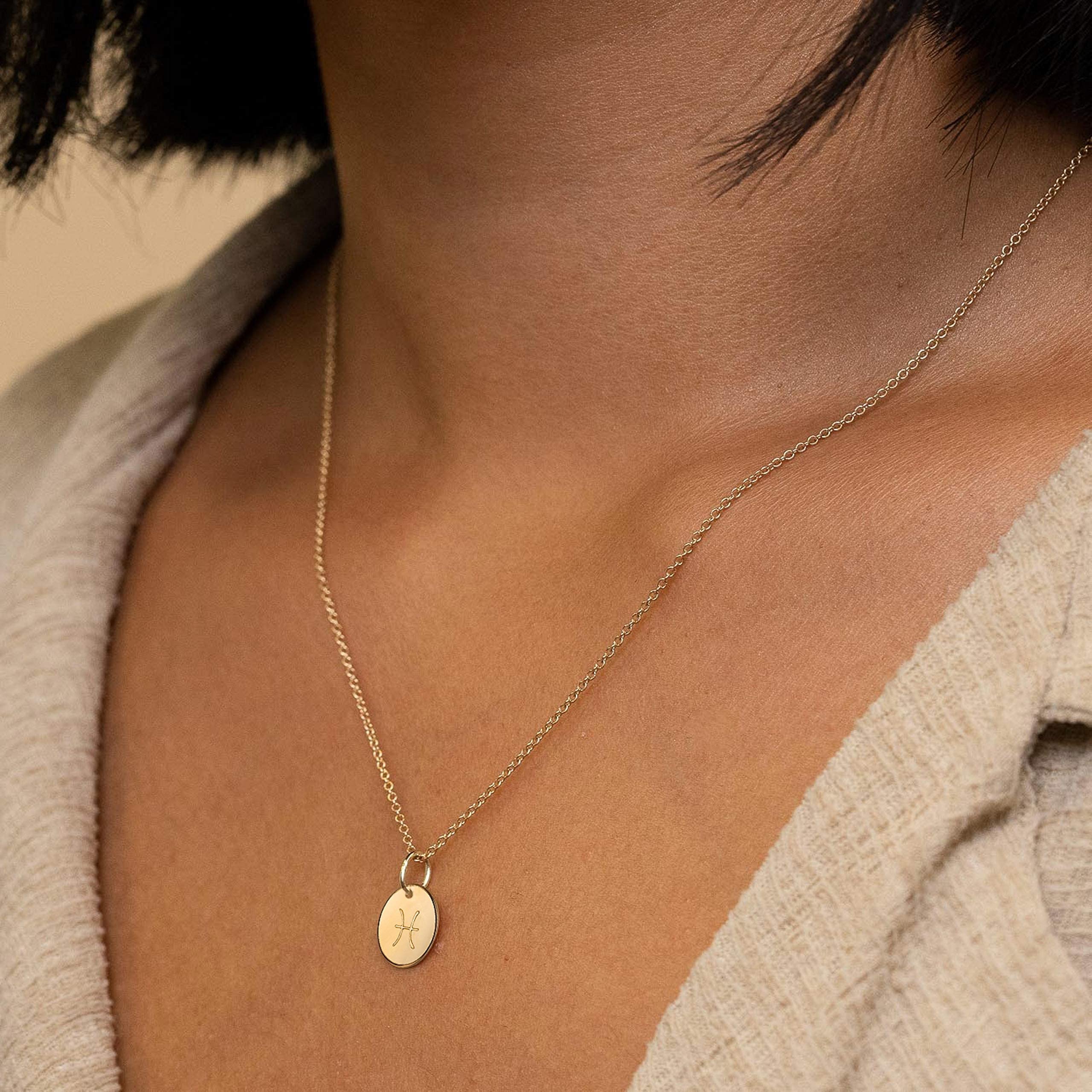 Befettly Constellation Necklace Pendant 14K Gold-Plated Hammered Round Disc Engraved Star Sign Pendant 17.5ββ Adjustable Dainty Necklace NK-Pisces