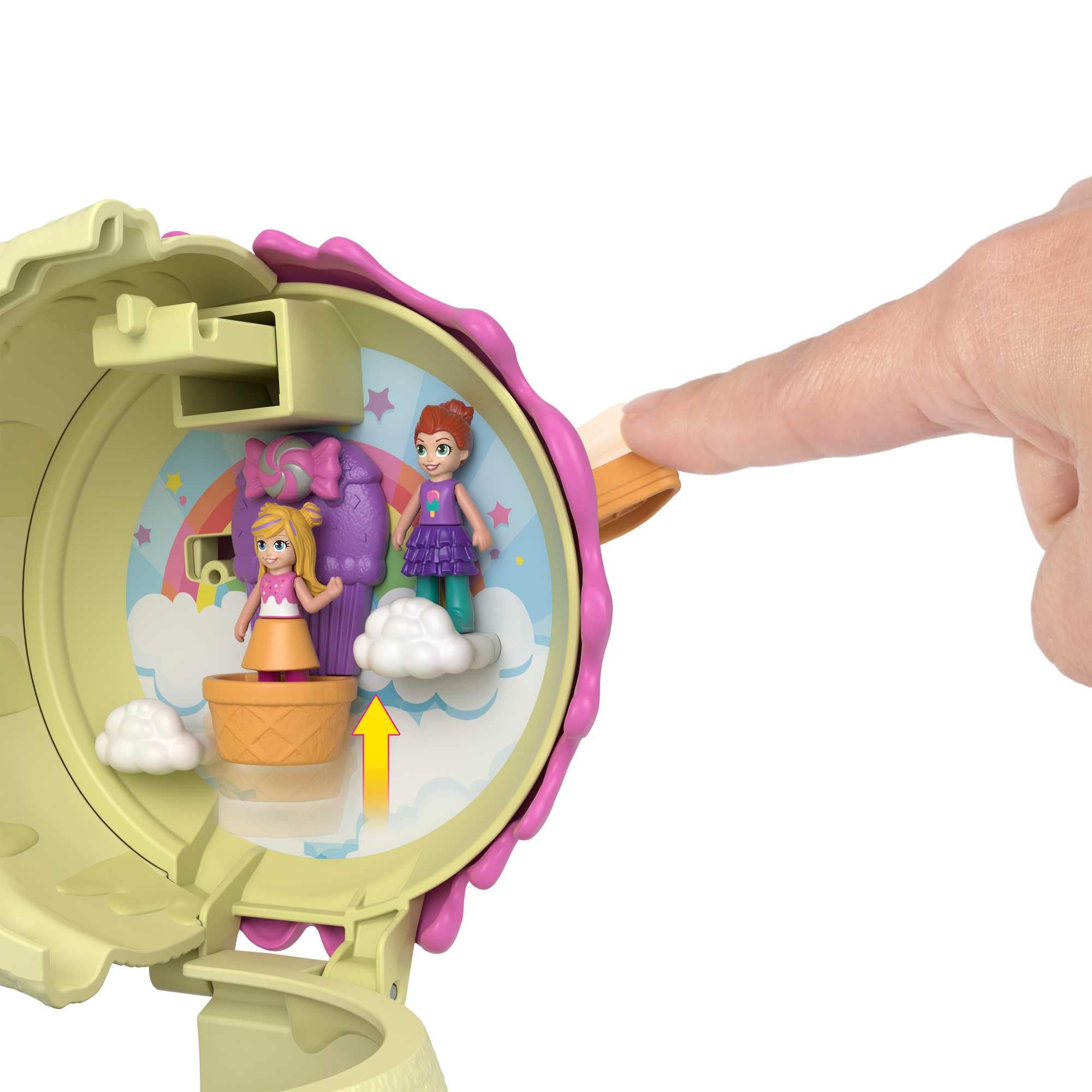 Polly Pocket 2-in-1 Travel Toy Playset, Spin 'N Surprise Ice Cream Cone with Micro Polly & Lila Dolls & 25 Accessories