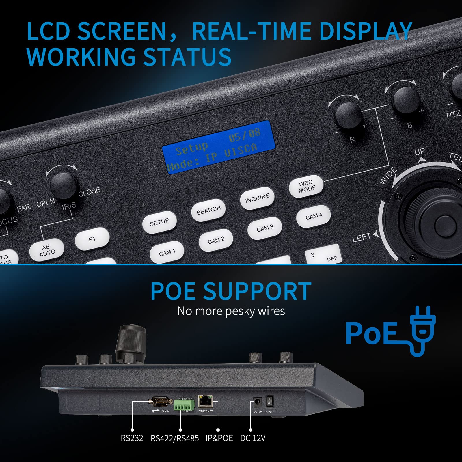 FEELWORLD KBC10 PTZ Camera Controller with Joystick and Keyboard Control LCD Screen PoE Supported for Live Streaming Church Conference