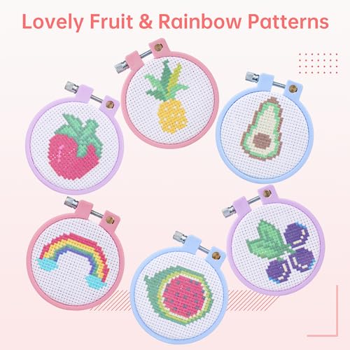 joyibay 6PCS 3'' Cross Stitch Embroidery Kits for Kids, Cross Stitch Beginner for Handicraft, Fruit Patterns DIYĀ Handmade Pendant Hoops for Kids Manual Backpack Decoration with Chains