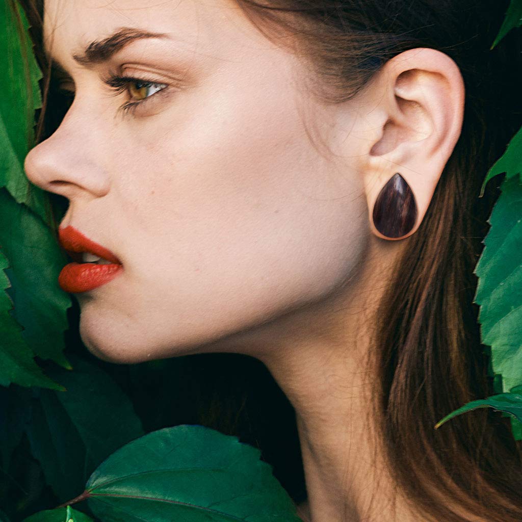Blue Palm Jewelry Pair of Organic Sono Wood Tear Drop Shape Double Flared Saddle Plugs E547