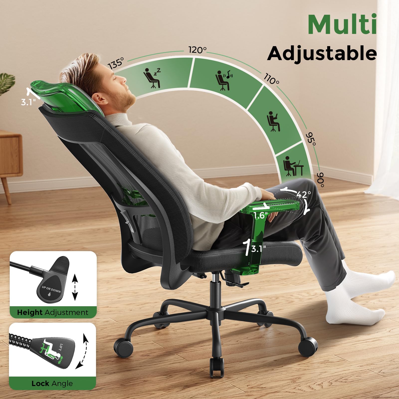 Ergonomic Office Chair 350LBS Capacity - 90-135° Any Angle Tilt Lock High Back Computer Desk Chairs, with Adjustable Lumbar Support, PU Armrests, Big Headrest for All Day Comfortable Sitting