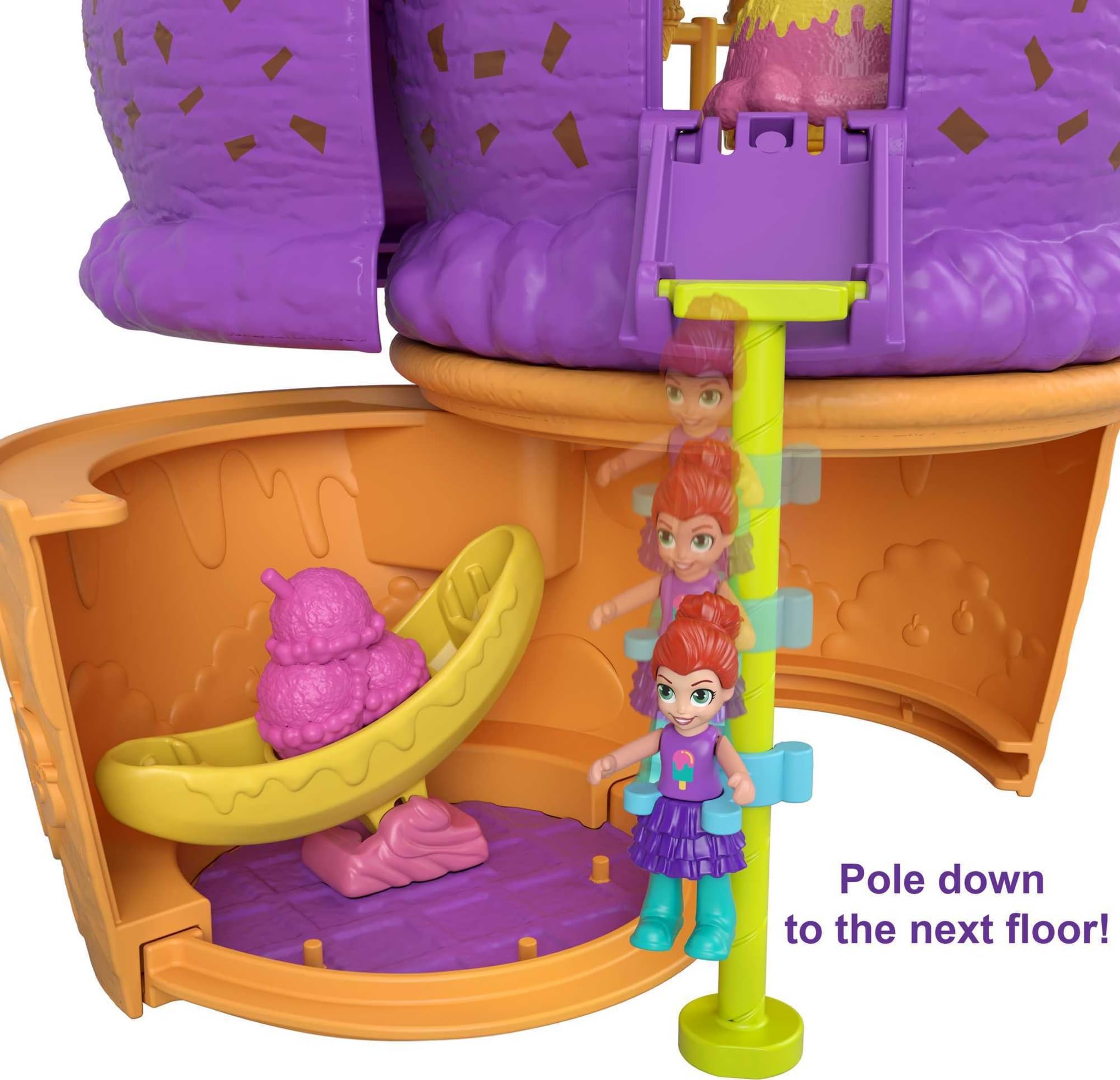 Polly Pocket Dolls and Accessories, Ice Cream Cone-Shaped Playground with 3 Floors and 2 Micro Dolls, Spin ‘n Surprise Compact