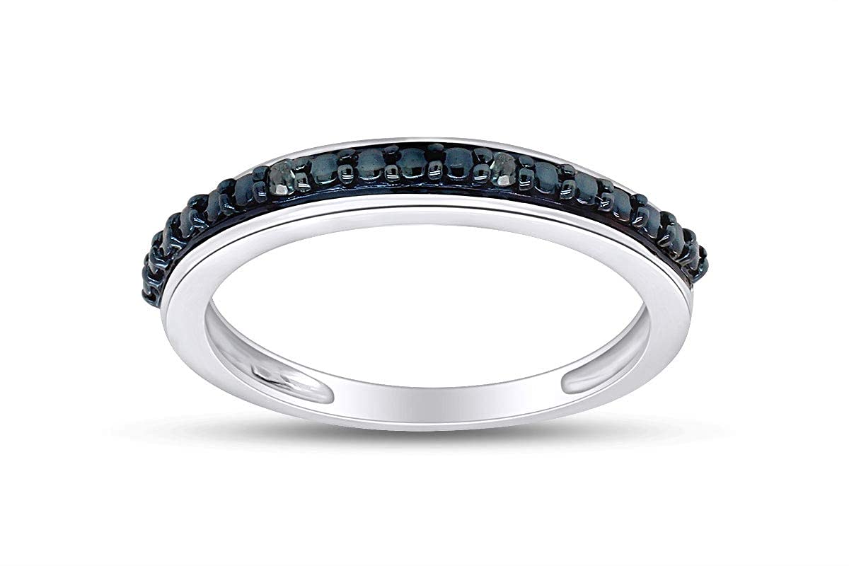 Blue Natural Diamond Accent Half Eternity Wedding Band Ring in 14K White Gold Over Sterling Silver (5.5)