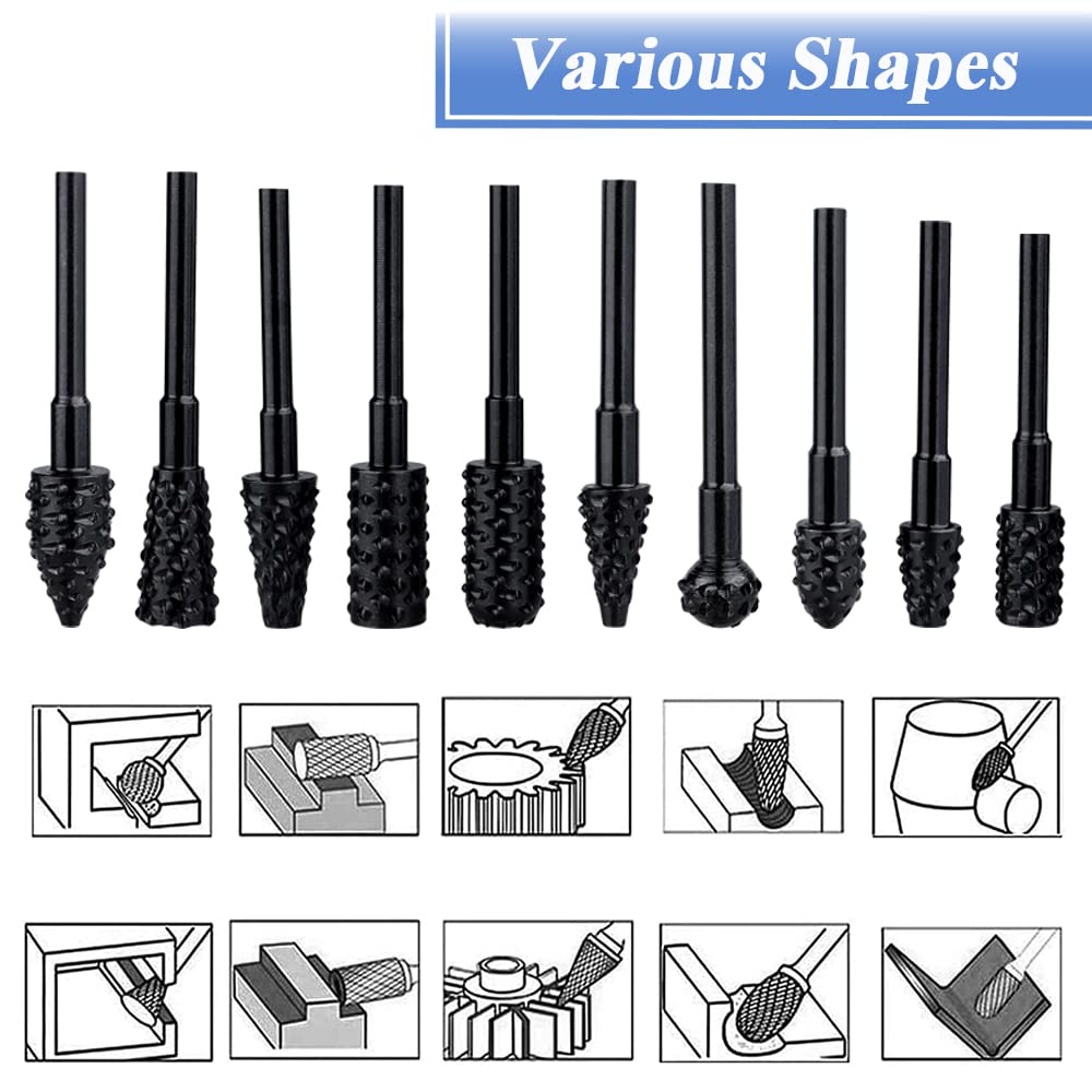 Mesee 10 Pieces Rotary File Rasp Set, 3mm(1/8") Round Shank Rotary Burrs Carbon Steel Carving File Rasp Twist Drill Bits Electric Ginder Rasp Accessory for Woodworking Drilling Engraving