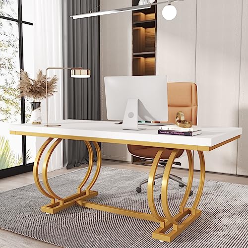 Tribesigns 70.9" Executive Desk, Large Modern Office Desk Computer Desk with Gold Metal Frame, Conference Table Meeting Room Table for Home Office, White and Gold