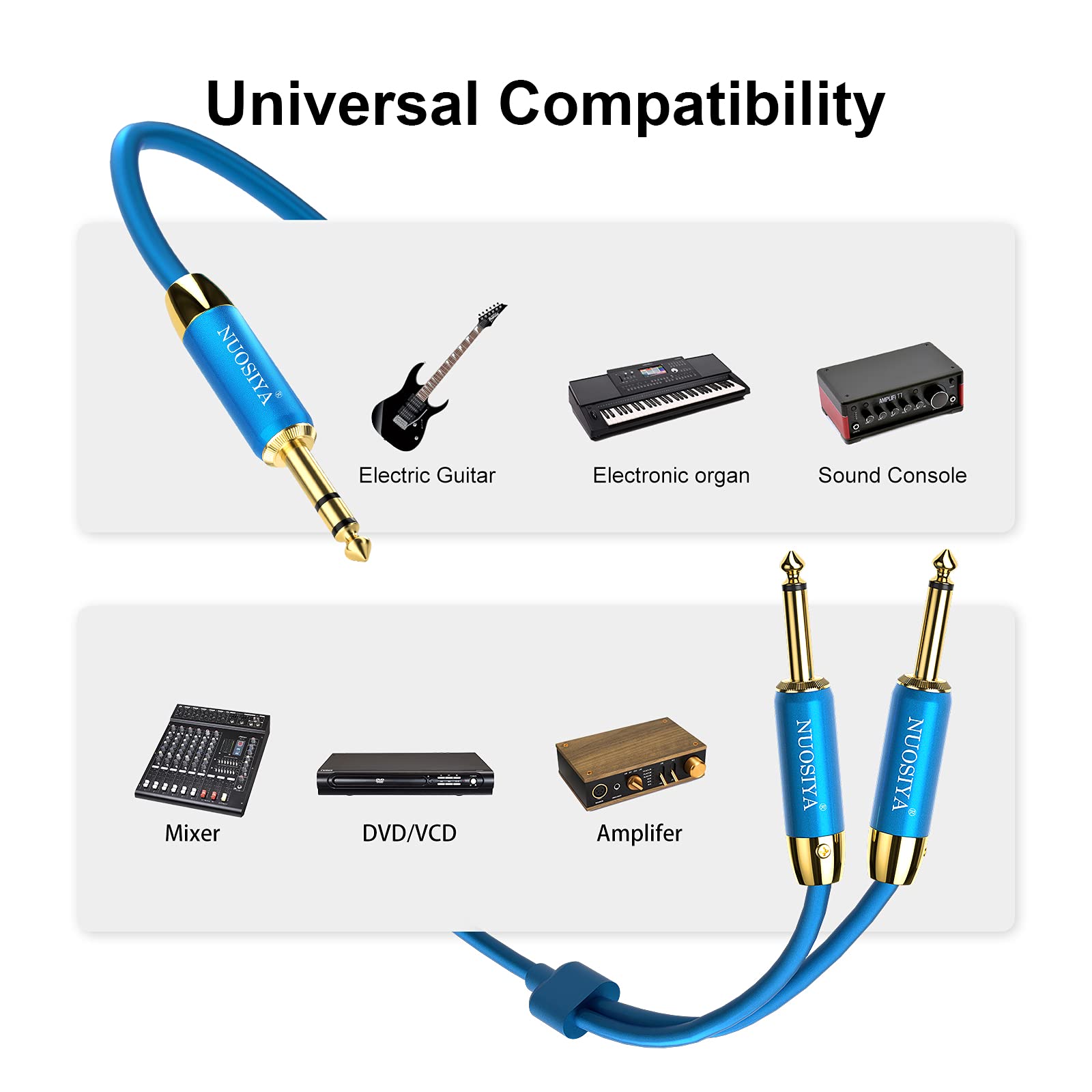 NUOSIYA 1/4 Insert Cable, 6.35mm 1/4" TRS to Dual 6.35mm 1/4" TS Mono Stereo Y-Cable Splitter Cord Compatible for Speaker,Amplifier, Home Stereo Systems -6.5ft