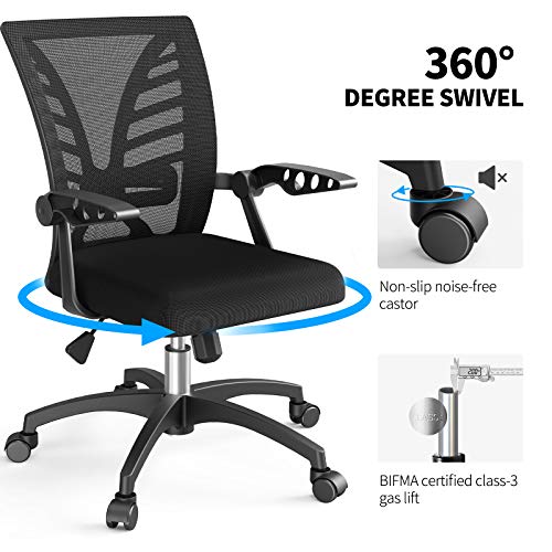 Ergonomic Office Chair, Mid Back Mesh Computer Desk Chair with Lumbar Support, Flip-up Arms, Adjustable Backrest, Swivel Comfortable Task Chair for Teens, Women, Adults,Black