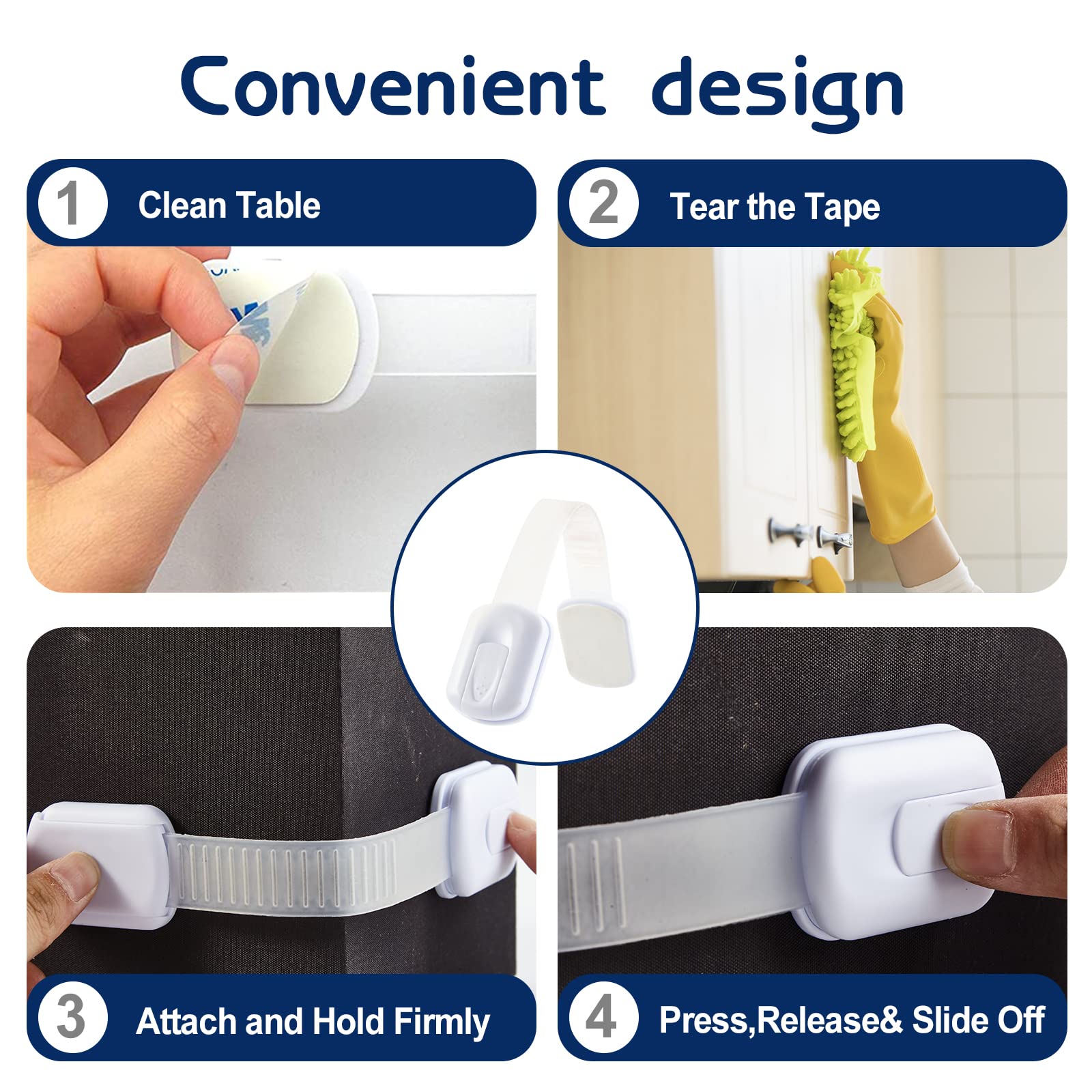 Child Safety Locks (10 Pack White) Baby Locks for Cabinets and Drawers, Toilet, Fridge & More. 3M Adhesive Pads. No Screws & Magnets