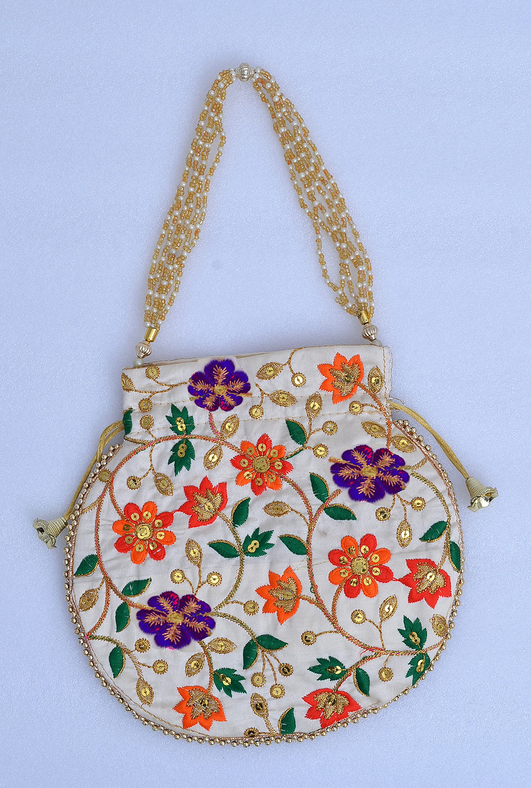 Truesellershop Designer Embroidered Potli Bag for Women Indian Ethnic Embroidered Printed Silk Batwa Pearls Handle Purse Clutch Off White