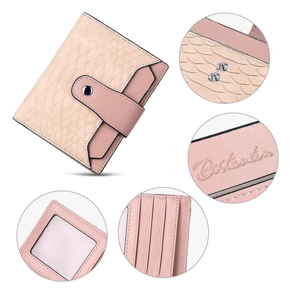BOSTANTEN Women's Leather Designer Handbags Tote Purses Bundled with RFID Blocking Small Bifold Zipper Pocket Wallet Card Case Purse with ID Window Serpentine-Pink