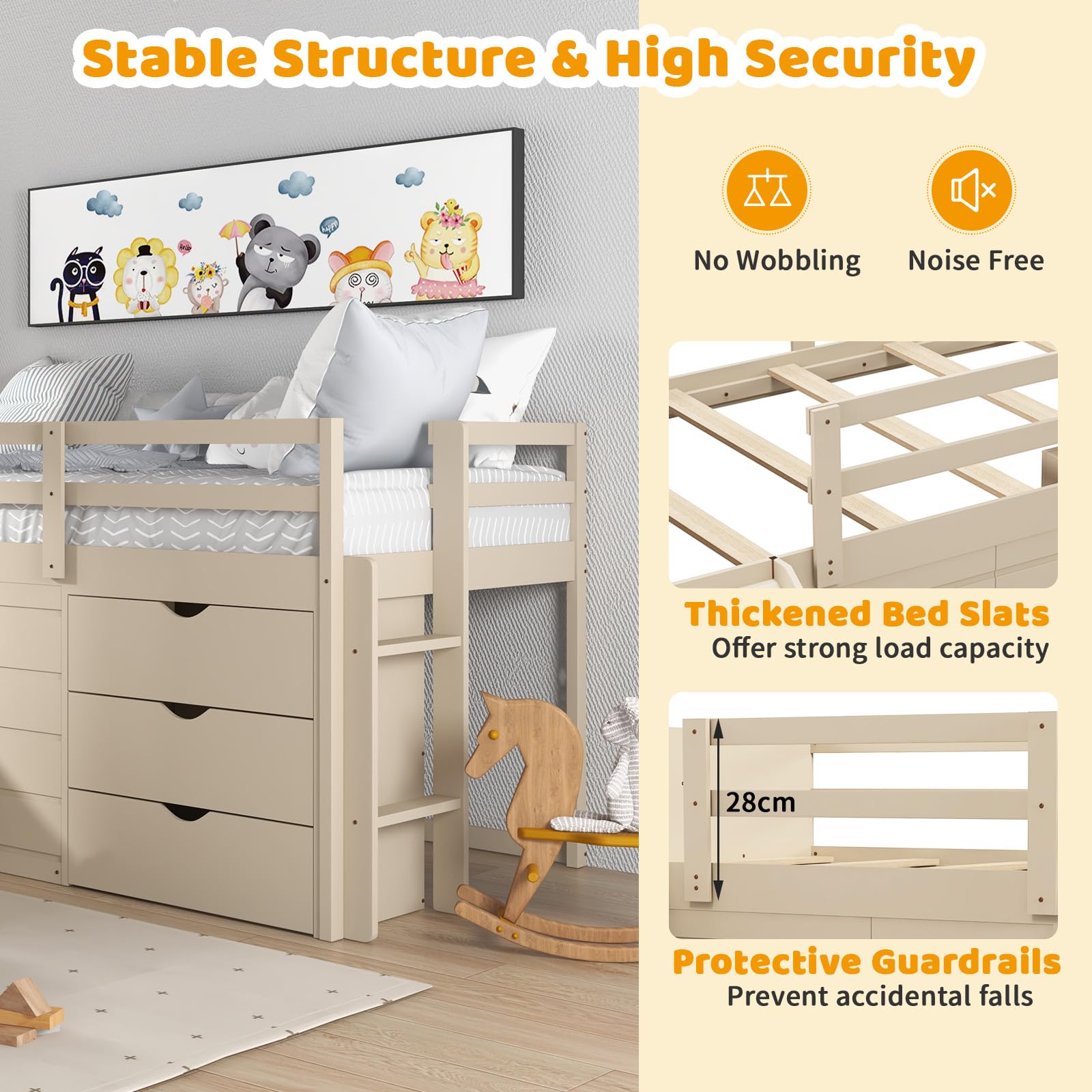 Costzon Twin Low Loft Bed, Multifunctional Loft Bed with Slide, Ladder, 3 Drawers & Under-Bed Play Space, No Box Spring Needed, Wooden Loft Platform Bed Frame with Guardrails for Teens (Beige)