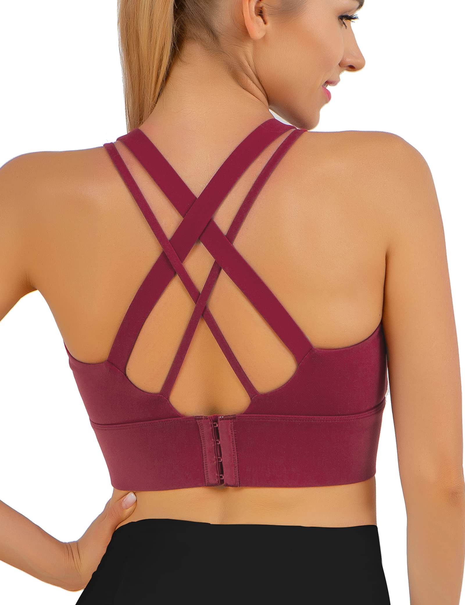 Botel Sports Bras for Women, Crisscross Back Strap Medium Support Everyday Yoga Bra with Removable Cups(Wine red,XL)