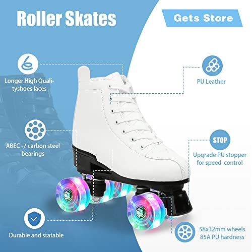 Gets Women's Roller Skates PU Leather High-top Roller Skates Four-Wheel Roller Skates Shiny Roller Skates for Girls Unisex (White Flash Wheel,US: 6)