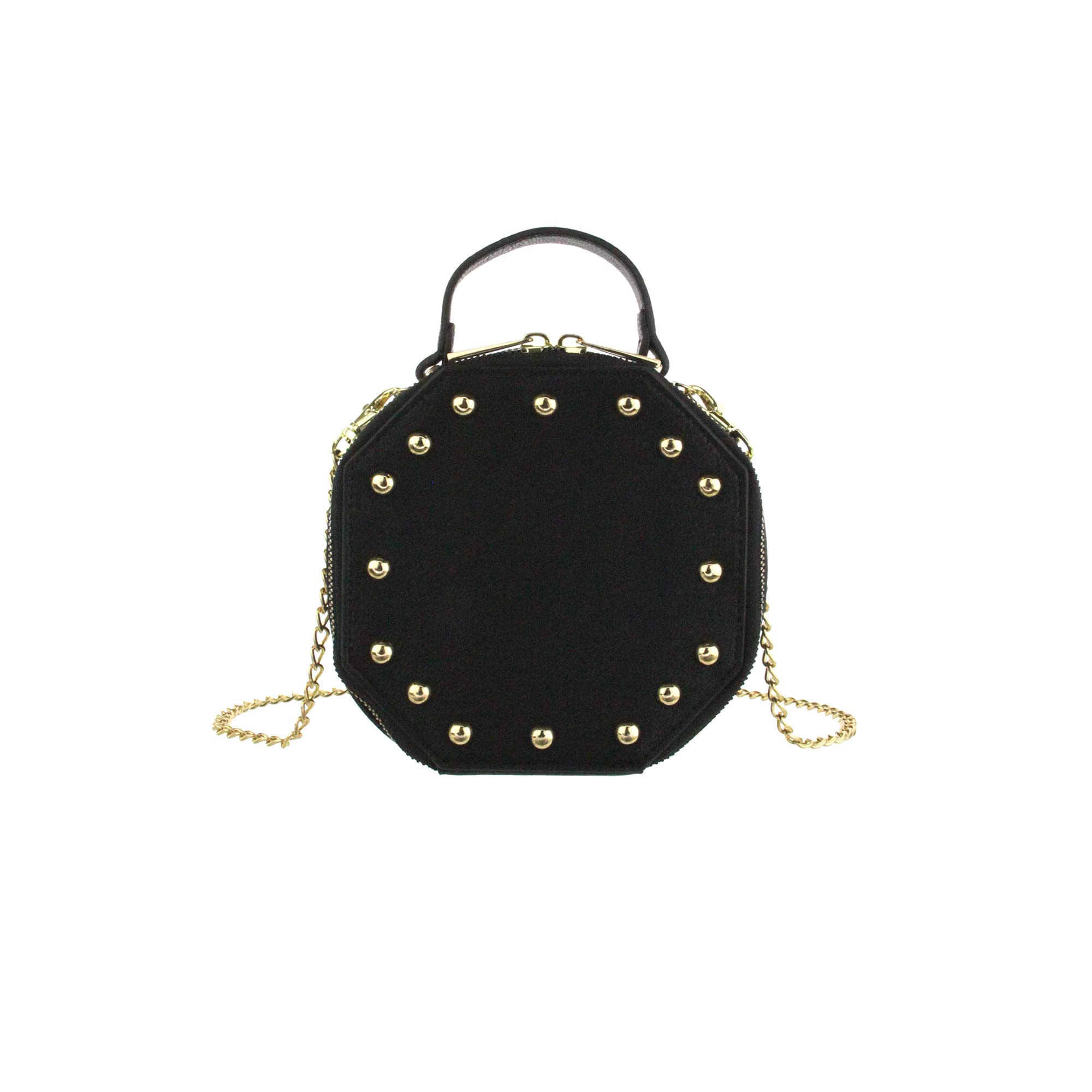 Olivia Miller Women's Fashion PU Leather Mini Octagon Crossbody Shoulder Handbag w Gold Stud Accent n Zipper, Casual Evening Purse