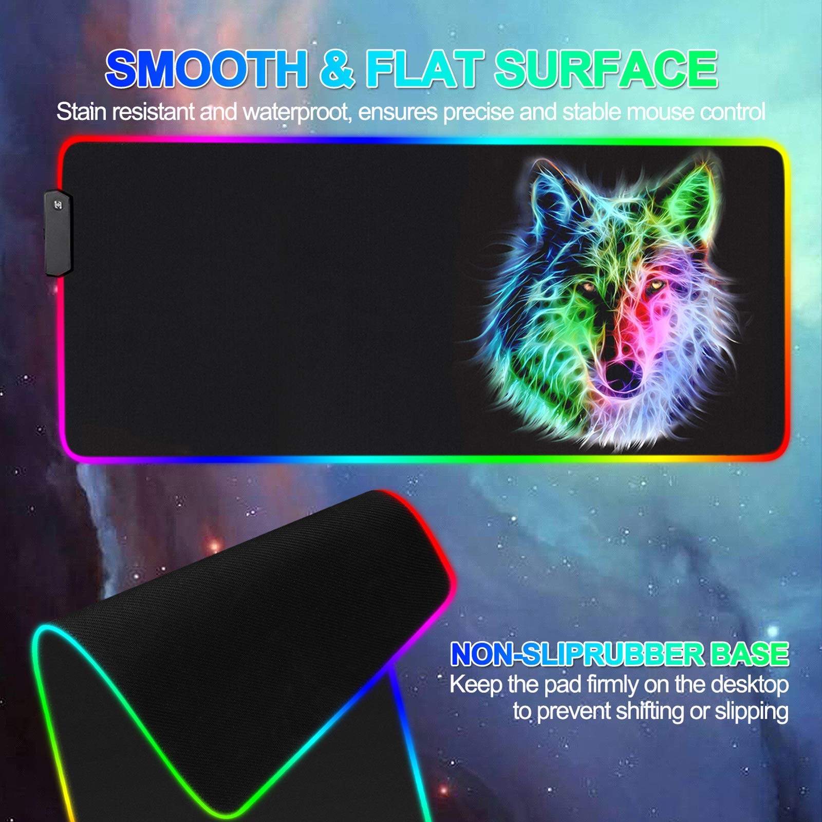 RGB Gaming Mouse Pad - 14 Light Modes Extended Computer Keyboard Mat, Anime LED Mouse Pad Large,High-Performance Mouse Pad Optimized for Gamer 31.5 X 12in (Wolf Mouse pad)