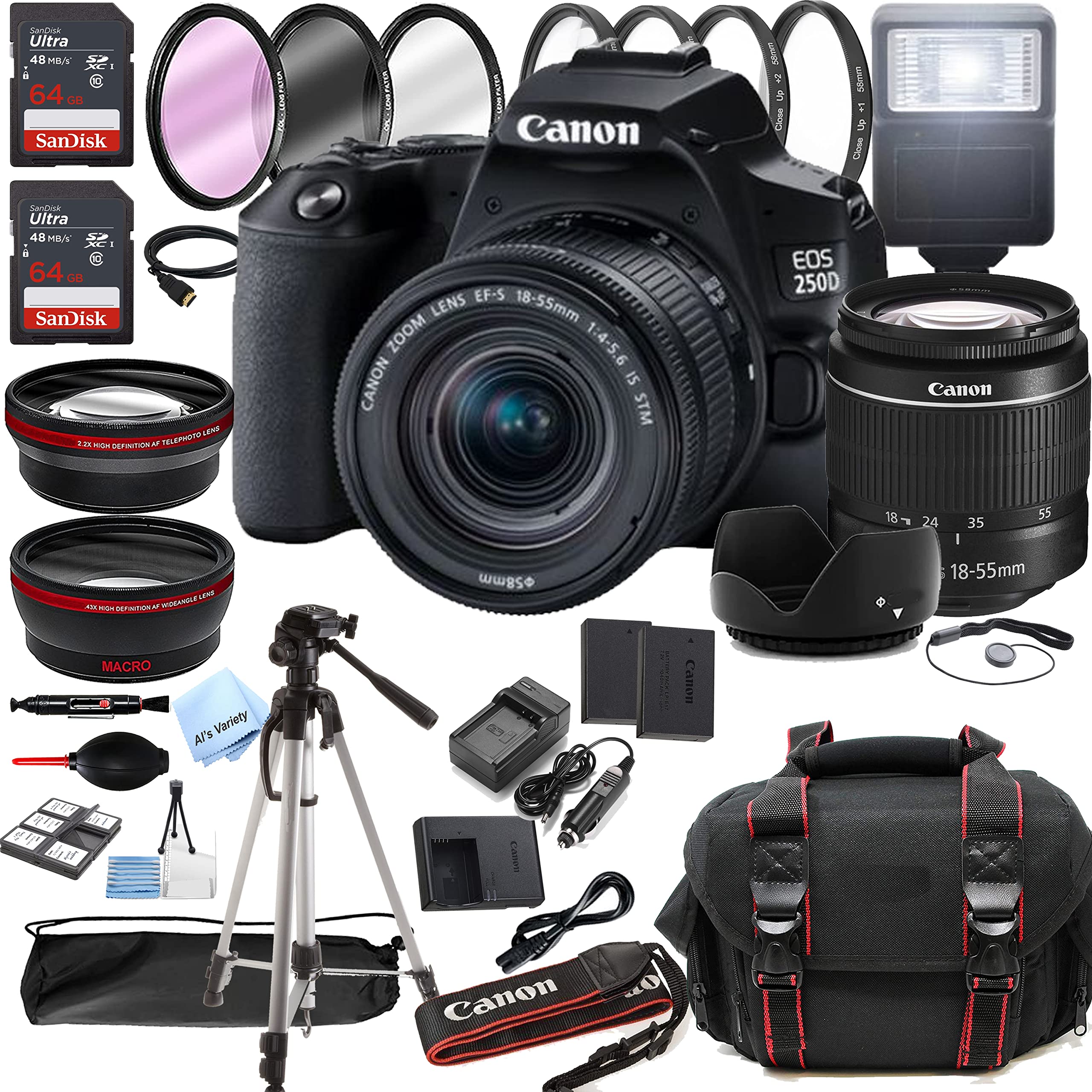 Canon EOS 250D (Rebel SL3) DSLR Camera w/EF-S 18-55mm F/4-5.6 is STM Zoom Lens + 128GB Memory + Case + Tripod + Filters (36pc Bundle)