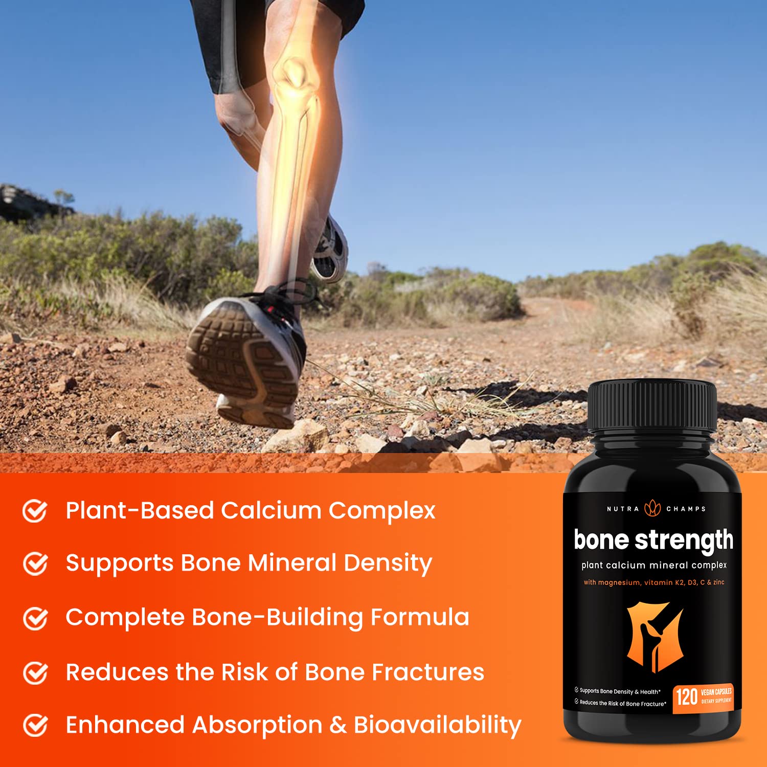 Bone Strength Supplements | Plant Based Calcium Supplement 600mg | Vitamin D3 2000 IU, K2, Magnesium, Potassium, Zinc, Boron & Strontium | Whole Food Supplement for Bone Health | 120 Vegan Capsules