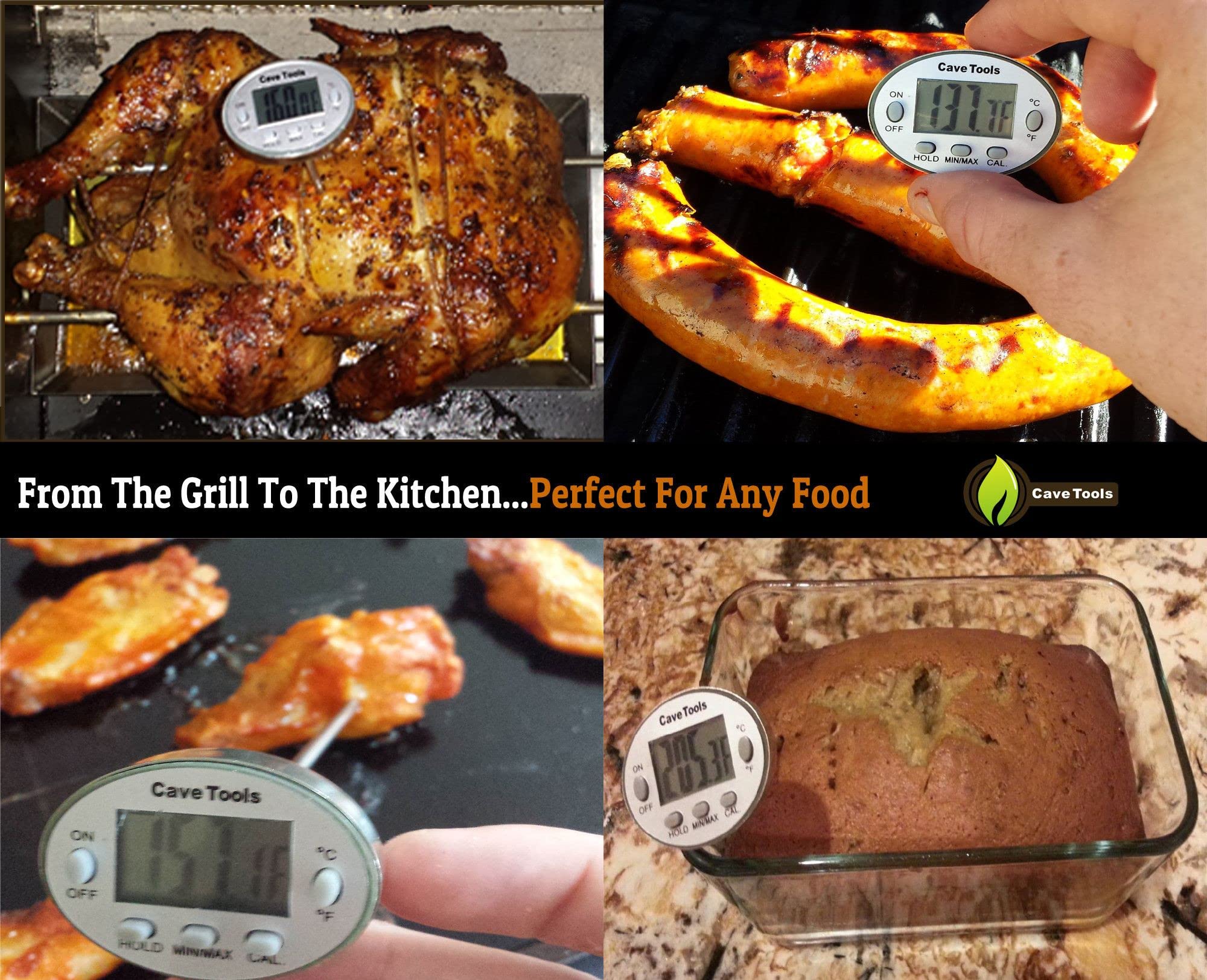 Cave Tools Instant Read Digital Meat Thermometer for Cooking on The BBQ Grill and Kitchen with LCD Screen and 4 to 6 Second Response Long Food Temperature Probe