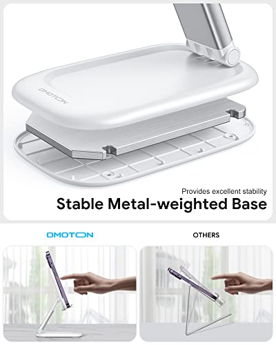 OMOTON Foldable Cell Phone Stand, Fully Portable Phone Stand for Deak Cell Phones Accessories, Height Adjustable Mobile Phone Holder Stand with Charging Hole, Compatible with All Smart Phones, White